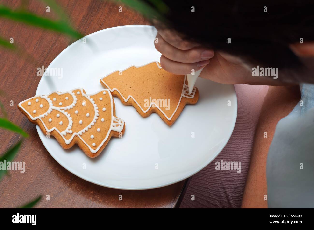 Hand-piping white icing onto Christmas tree-shaped gingerbread cookies ...