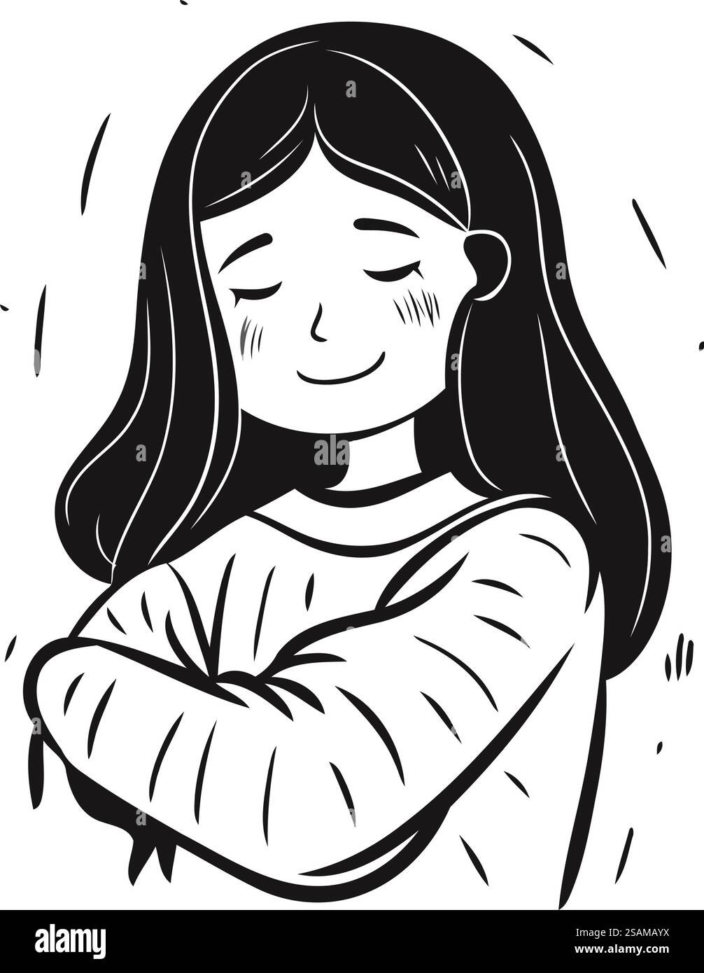 Girl with closed eyes. Vector illustration in black and white colors ...