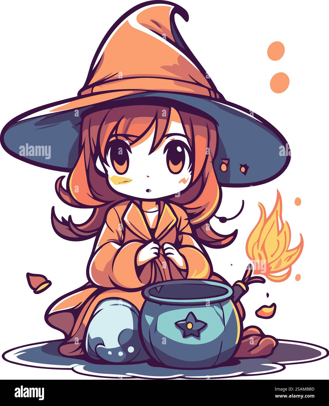 Cute little witch girl with a pot of potion. Vector illustration Stock ...