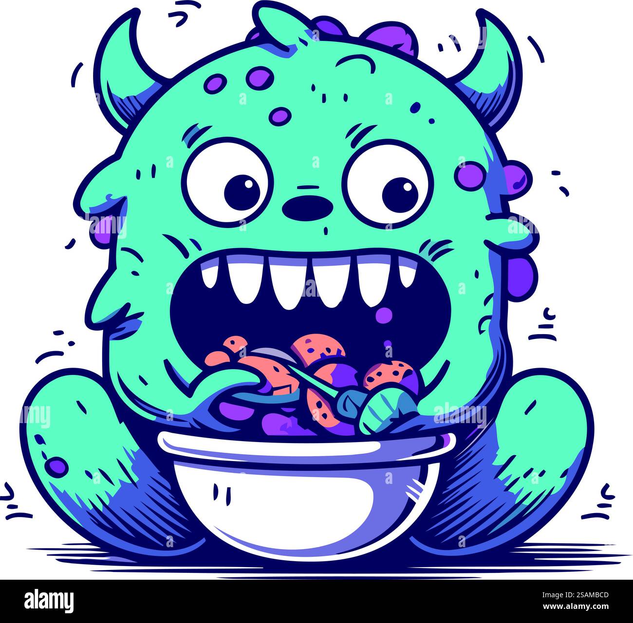Funny cartoon monster with a bowl of food. Vector illustration Stock ...
