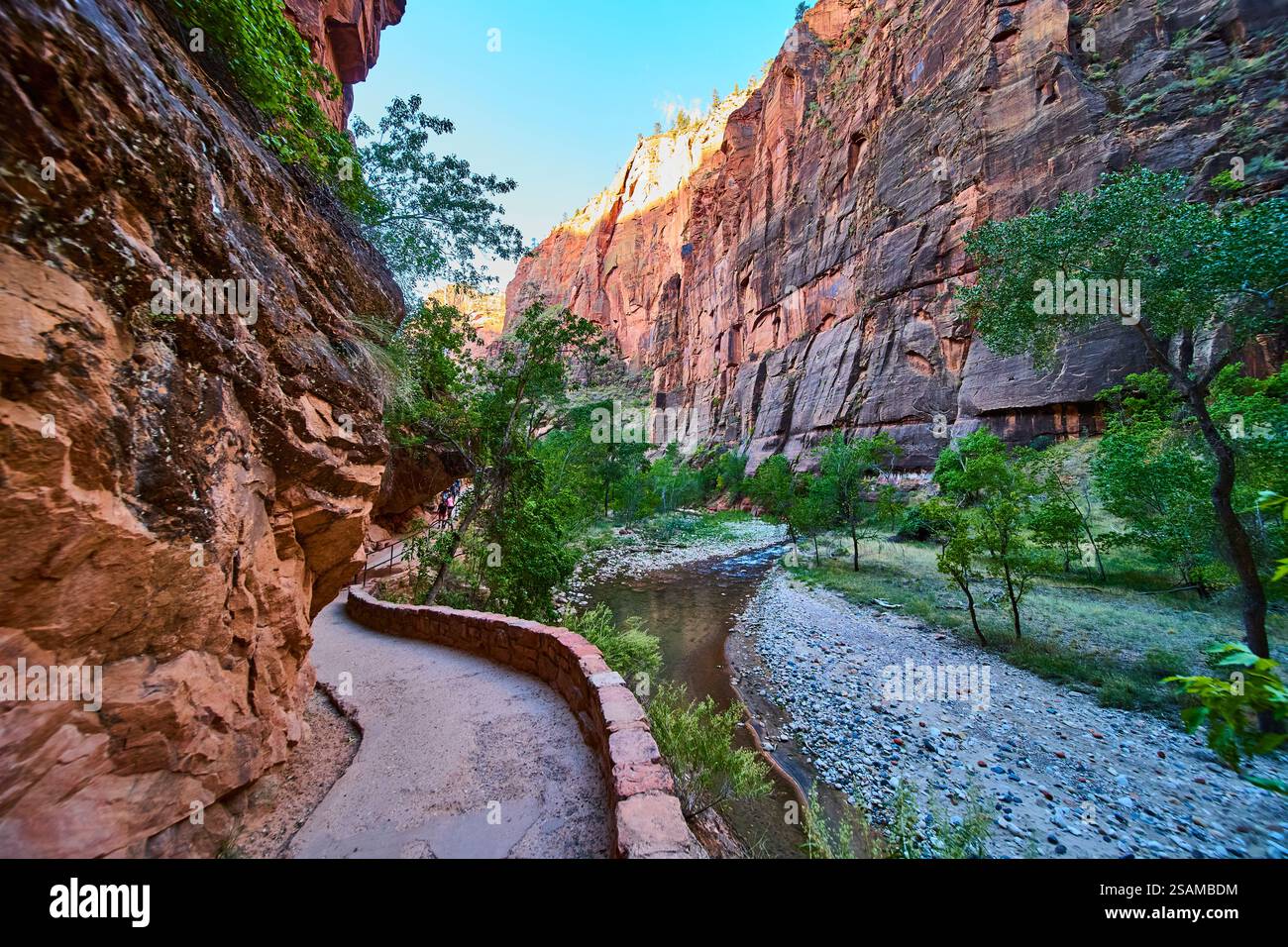 Zion Canyon Path and River at Golden Hour Eye-Level View Stock Photo ...