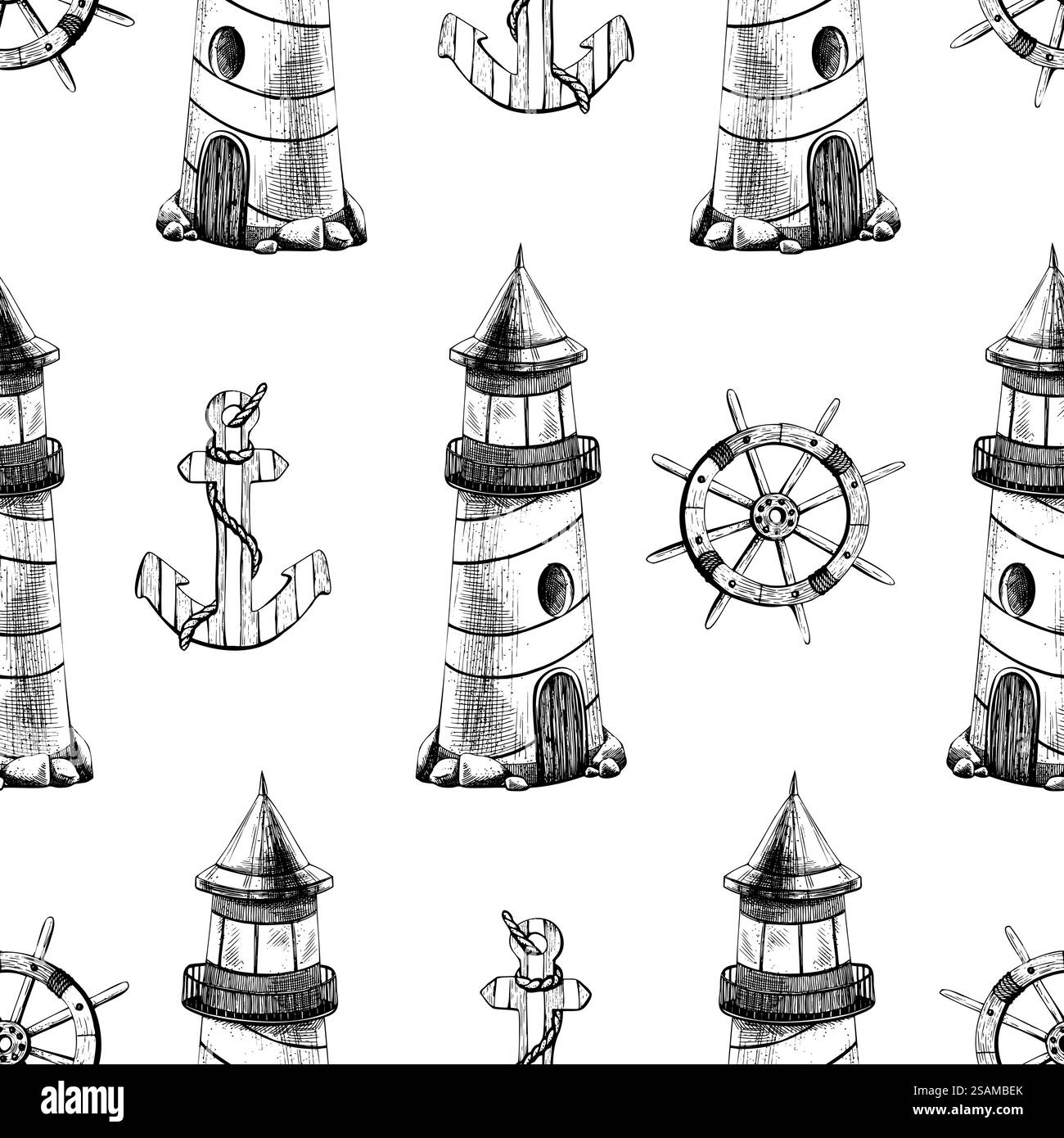 Marine theme with striped lighthouse, ship wheel and anchor. Graphic ...