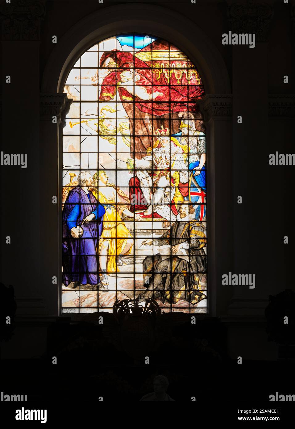 Stained glass window (of King George III and Isaac Newton) in the Wren ...