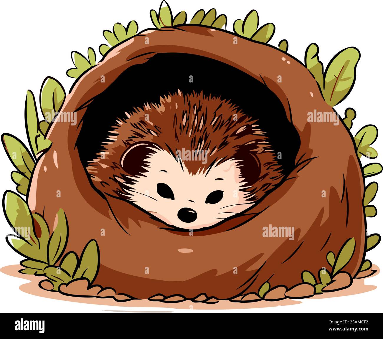 hedgehog in a burrow. Vector illustration isolated on white background ...
