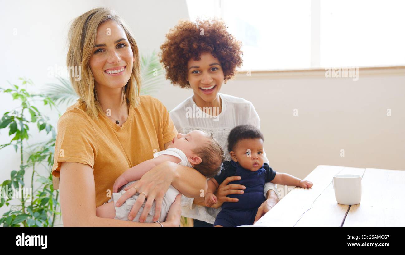 Portrait Of Two Mothers With Babies Meeting And Talking Around Table On ...