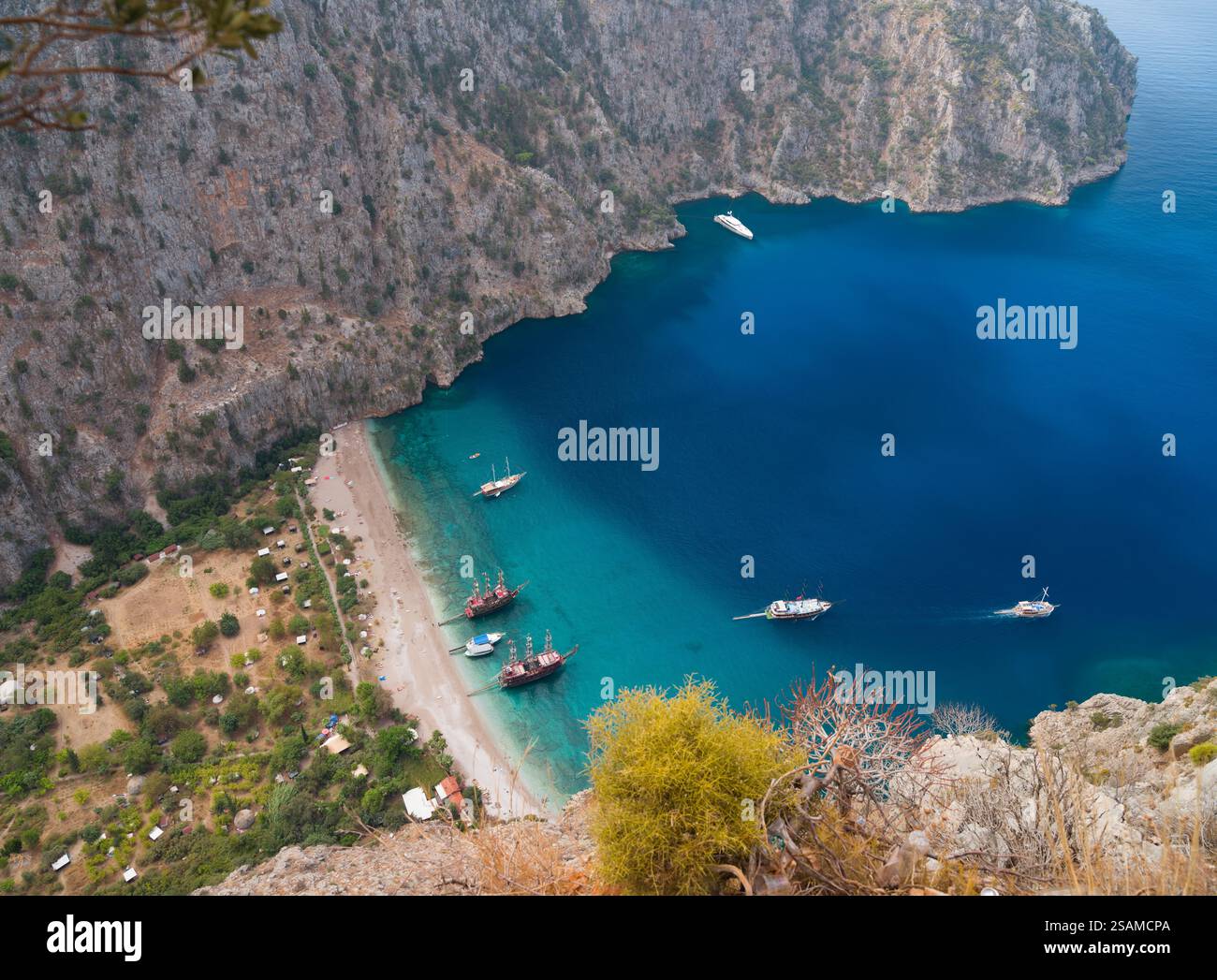 View of the Butterfly Valley from the observation hill.Faralya tourist village. Mediterranean ...