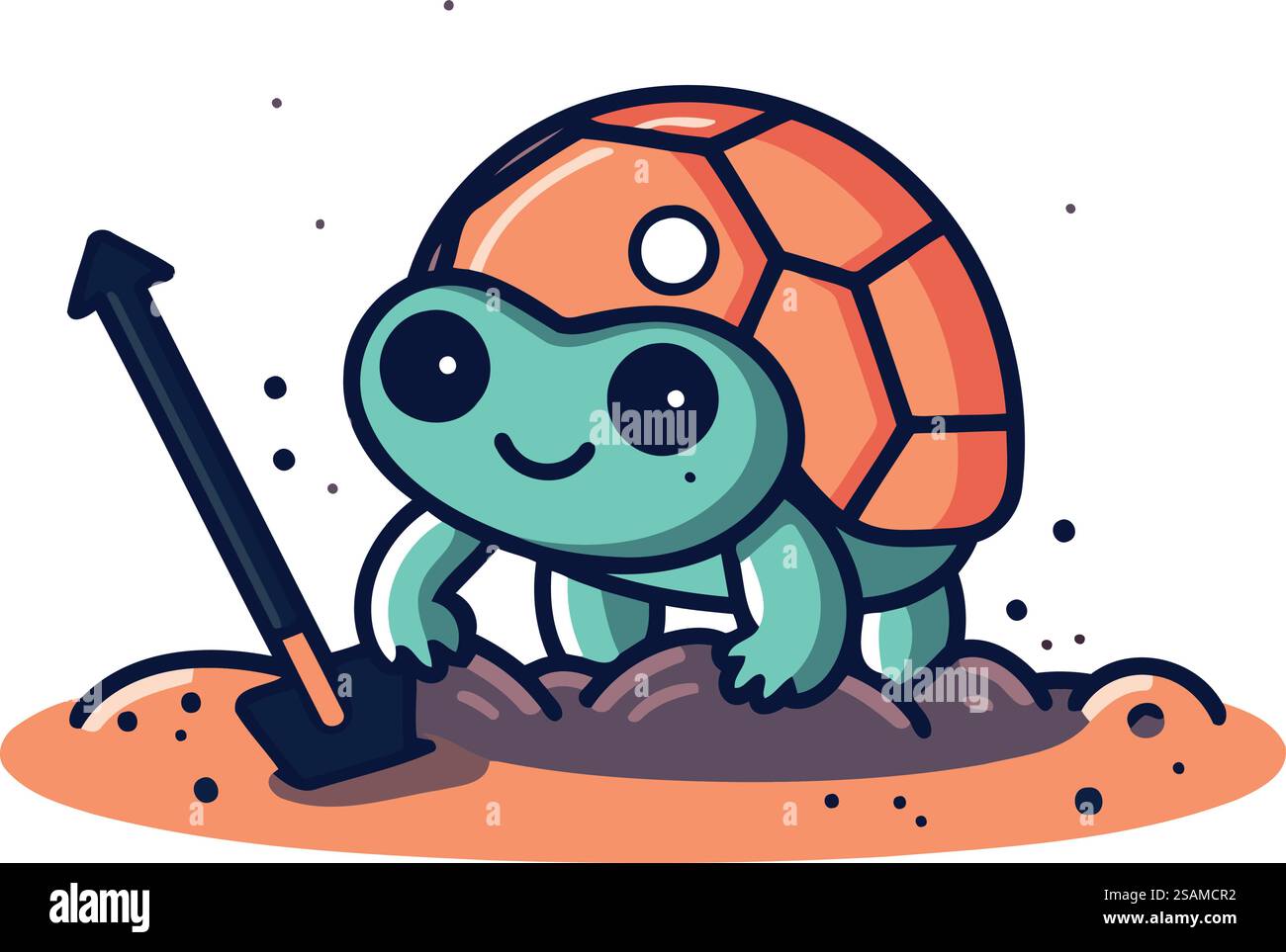 Cute little turtle with shovel. Vector illustration in cartoon style ...