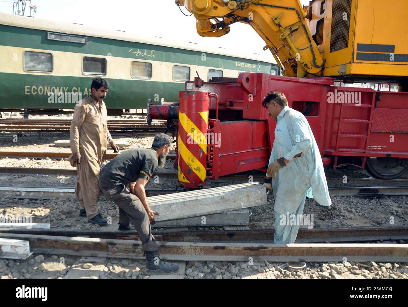 View of site after a train derailed as rescue operation is underway ...