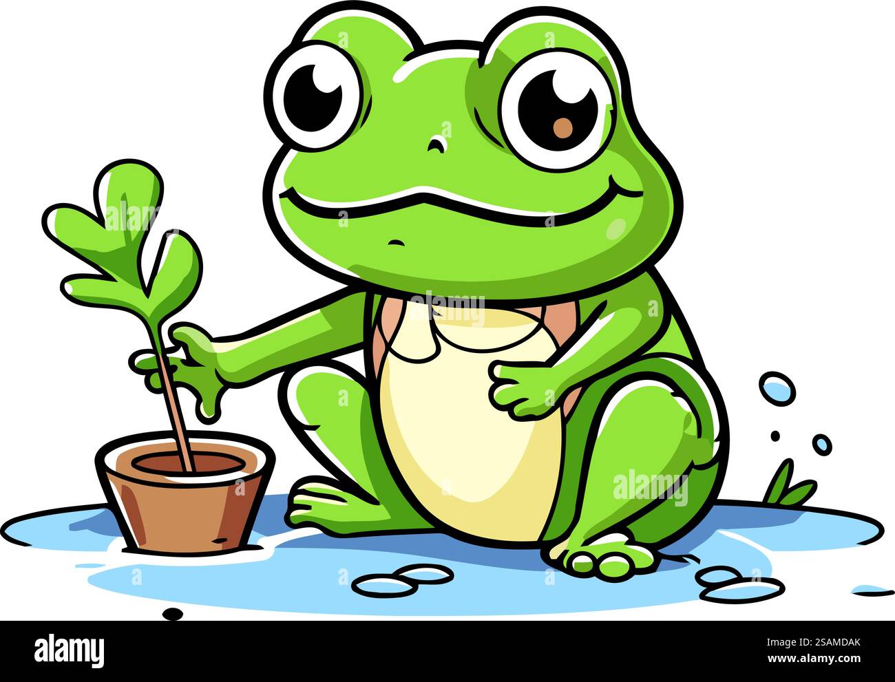 Frog with flower in pot. Vector illustration in cartoon style Stock ...