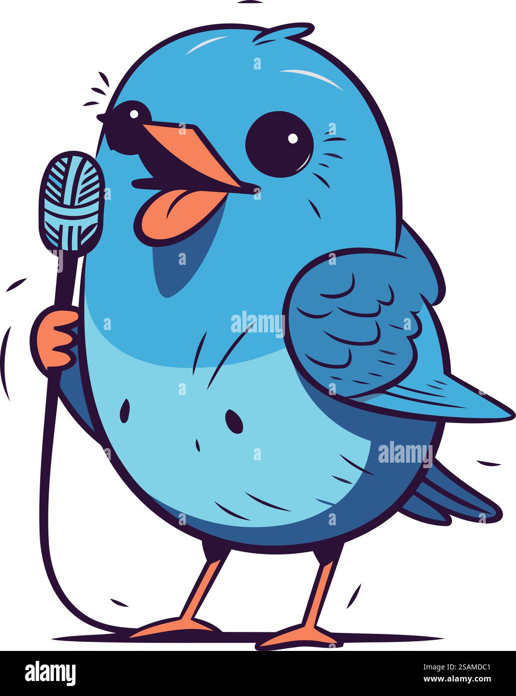 Cute blue bird singing with microphone. Vector illustration in cartoon ...