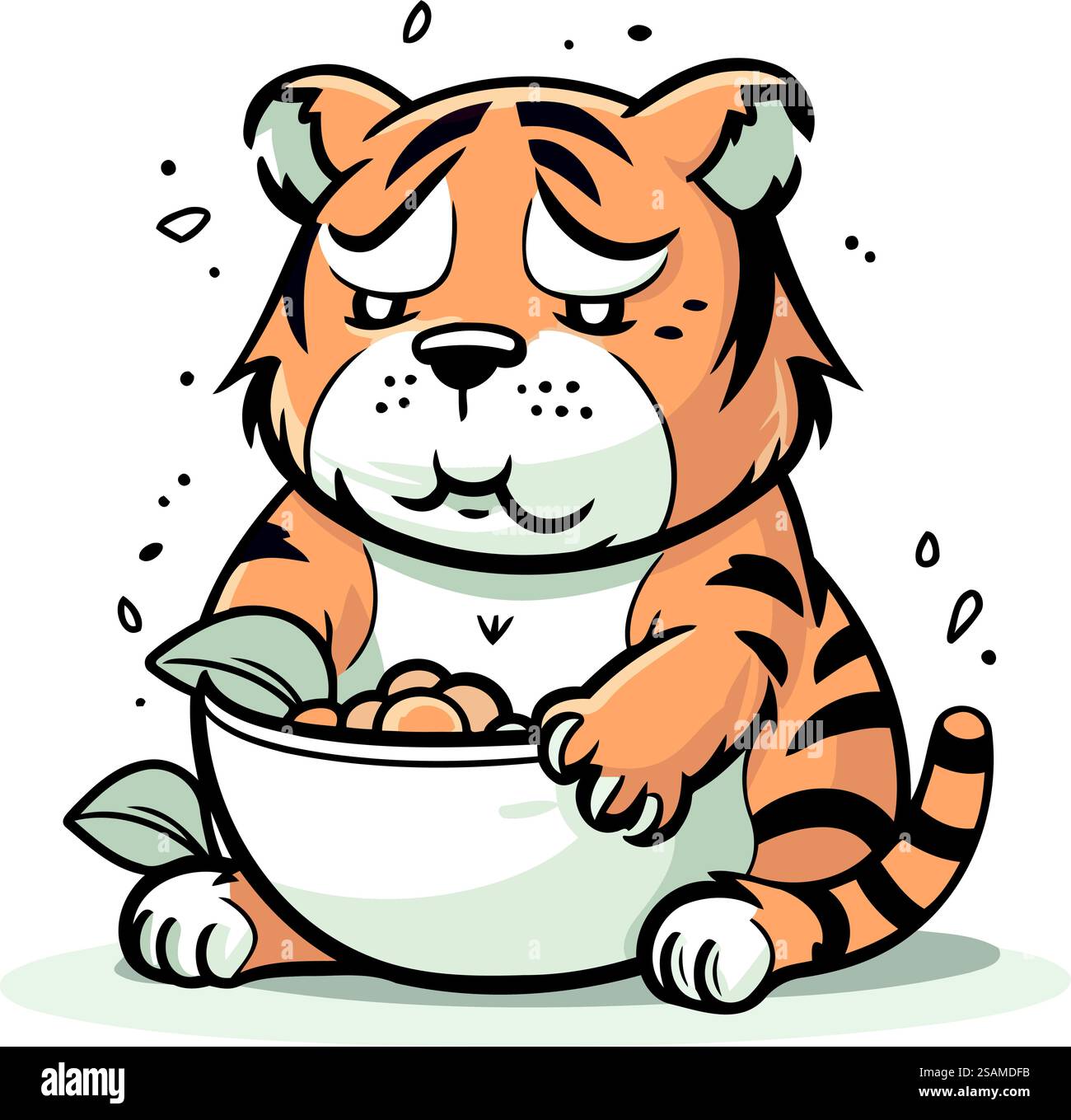 Cute tiger with bowl of food. Vector illustration in cartoon style ...