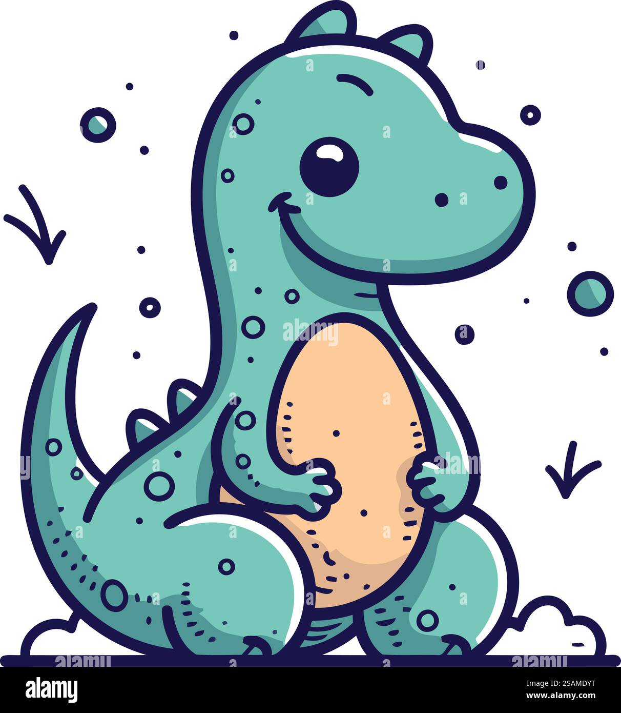 Cute cartoon dinosaur sitting on the ground. Vector illustration for ...