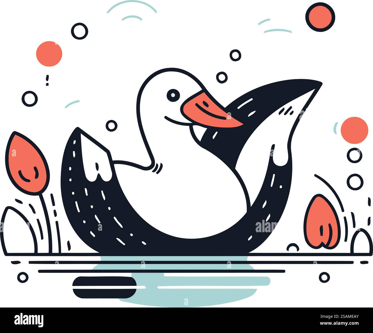 Vector illustration of a duck in the water. Line art style Stock Vector ...