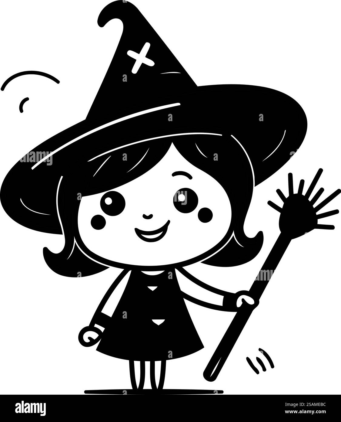 Cute little girl in witch costume with magic wand. Vector illustration ...