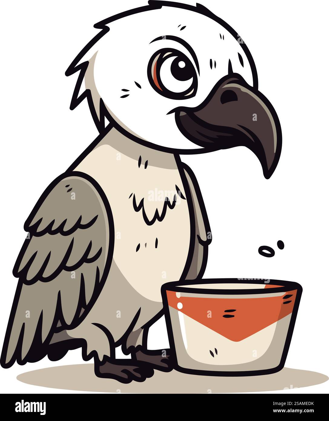 Illustration of a vulture eating food from a bowl on a white background ...