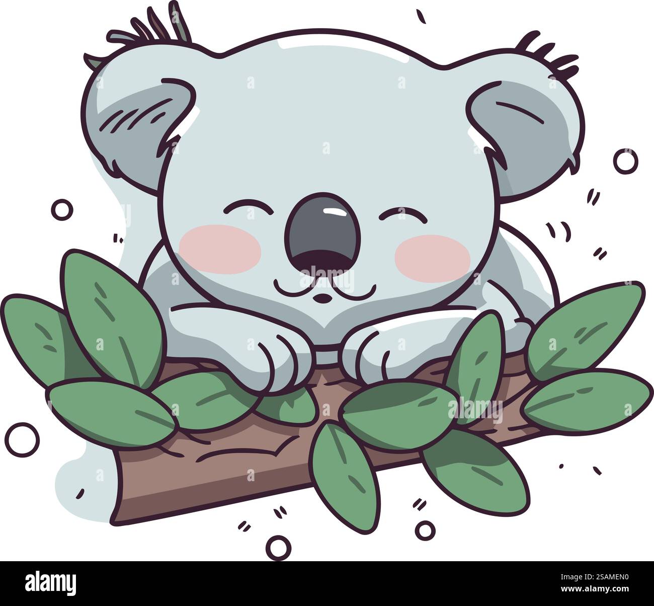 Cute koala sleeping on a branch with leaves. Vector illustration Stock ...