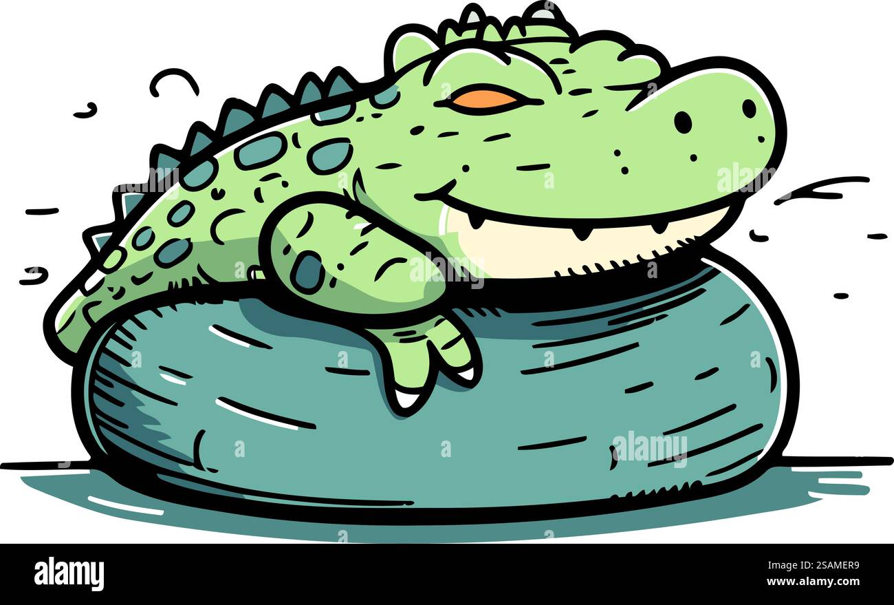 Crocodile sleeping on a rock. Vector illustration of a cartoon ...