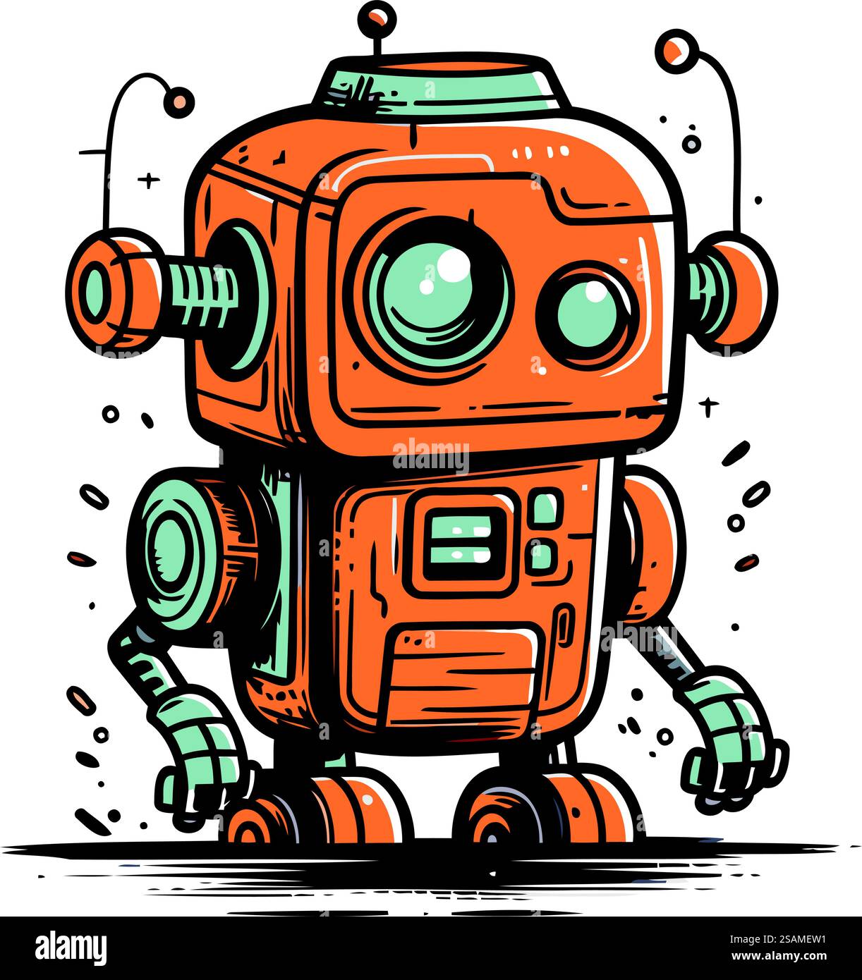 Retro robot. Hand drawn vector illustration. Isolated on white ...