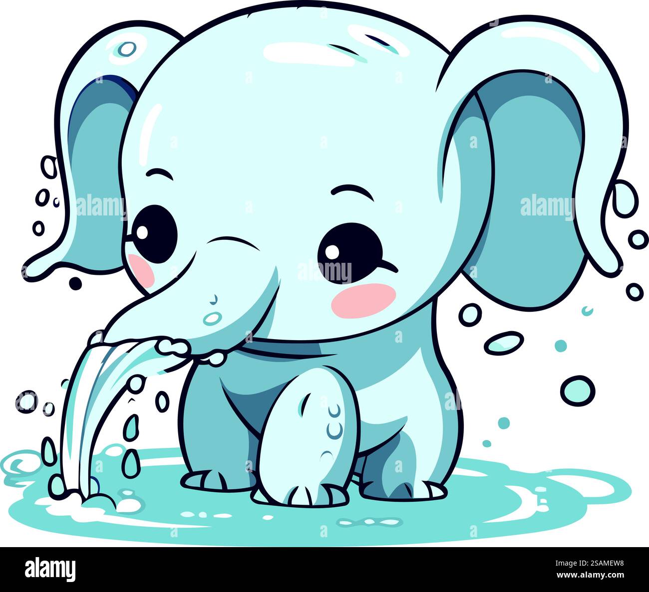Cute baby elephant playing with water. Vector illustration in cartoon ...