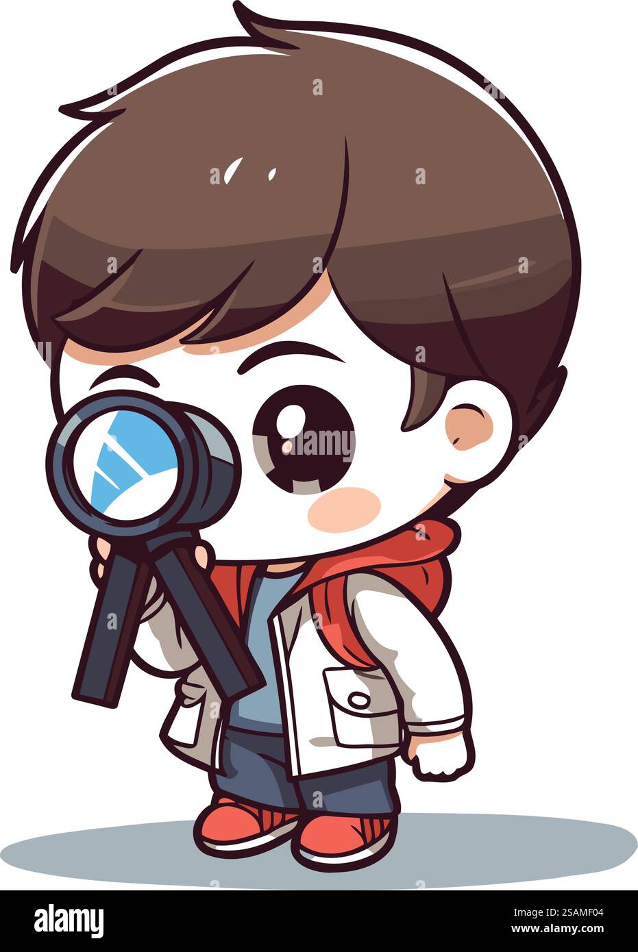Cute boy holding a magnifying glass cartoon character vector ...