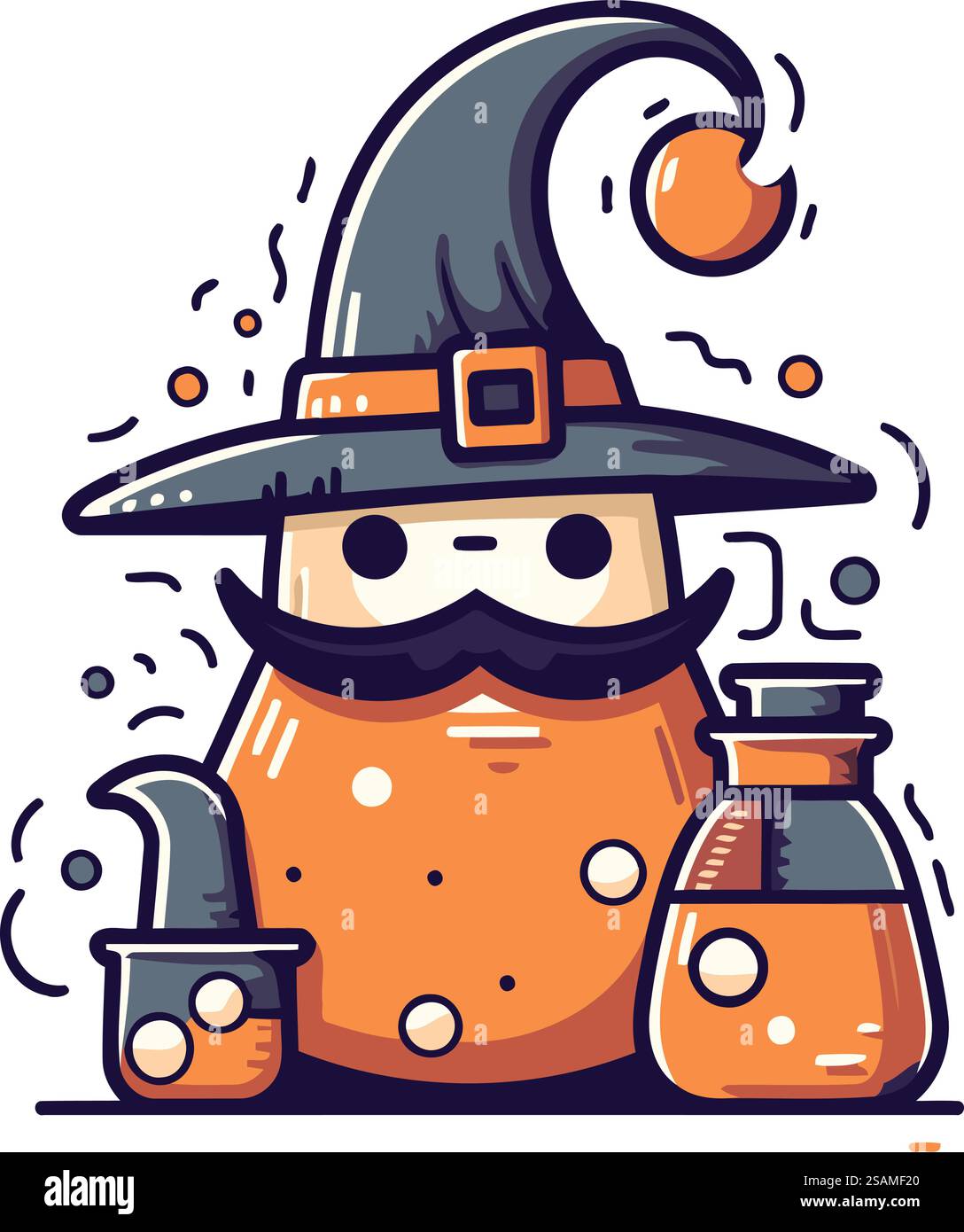 Cute cartoon snowman with a witch hat and potion. Vector illustration ...