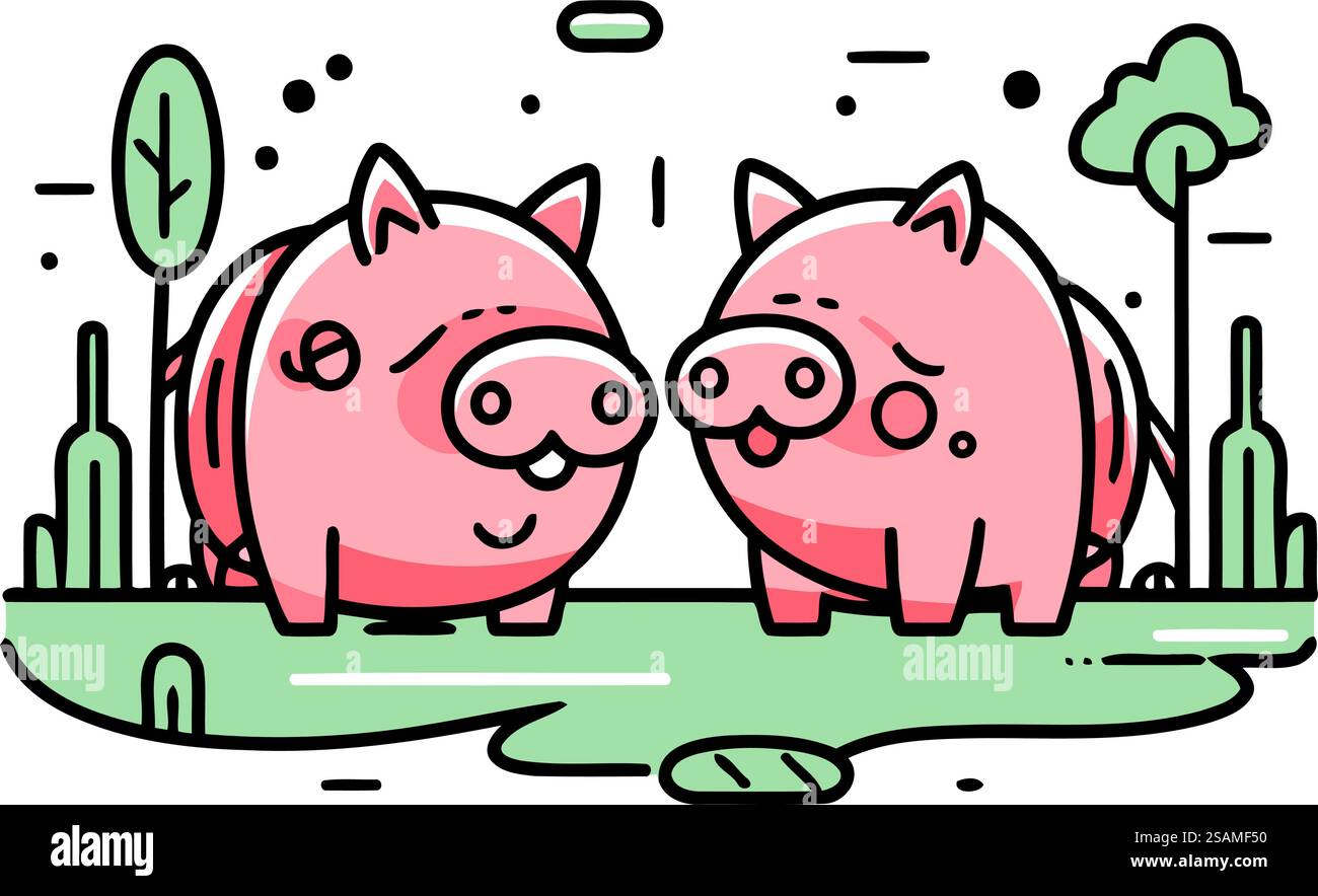 Vector illustration of two piggy banks in the park. Line art style ...