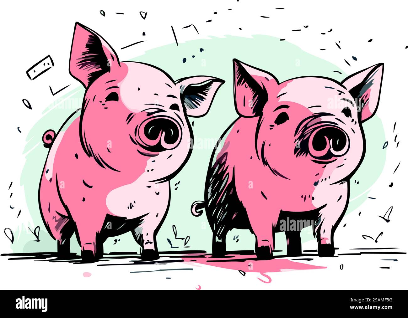 Vector hand drawn illustration of two pigs. Isolated objects on white ...