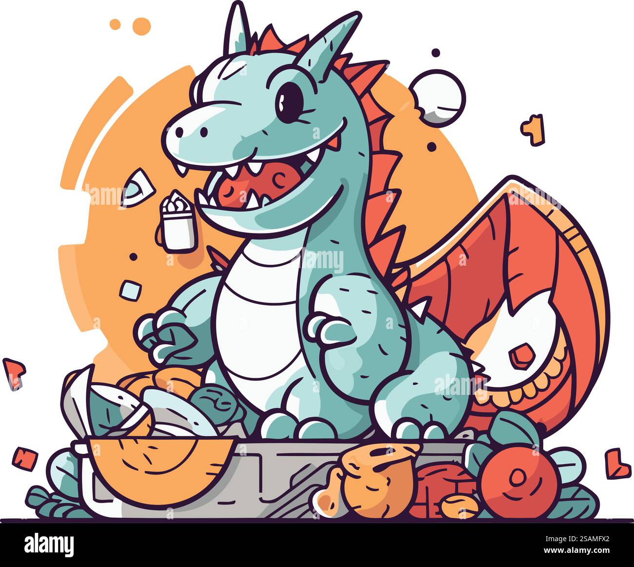 Vector illustration of a cute dragon with a basket full of food Stock ...