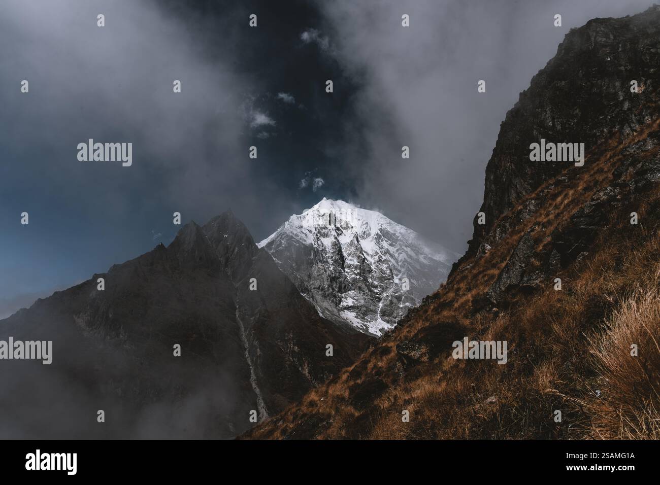 Very Cloudy Himalayan Mountain of Langtang Lirung Peak in Kyanjin Ri ...
