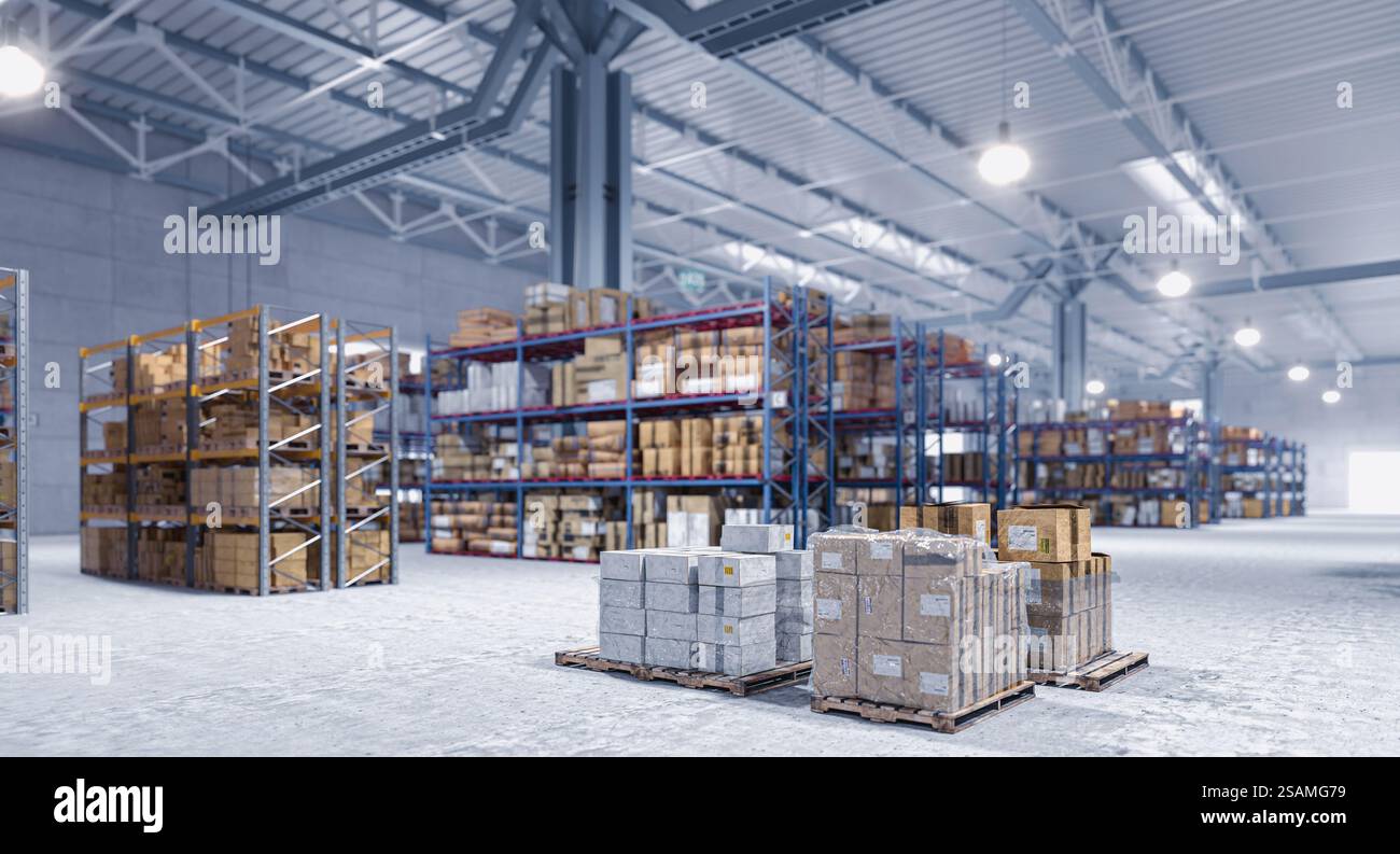 Pallets ready for shipping delivery large distribution warehouse 3d ...