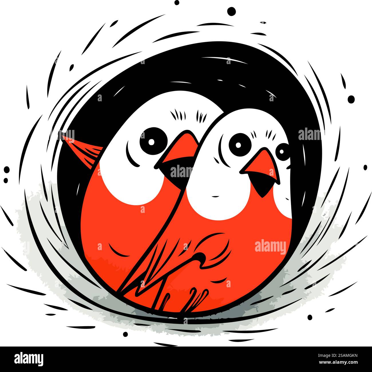 Two cute little birds sitting in the circle. Hand drawn vector ...