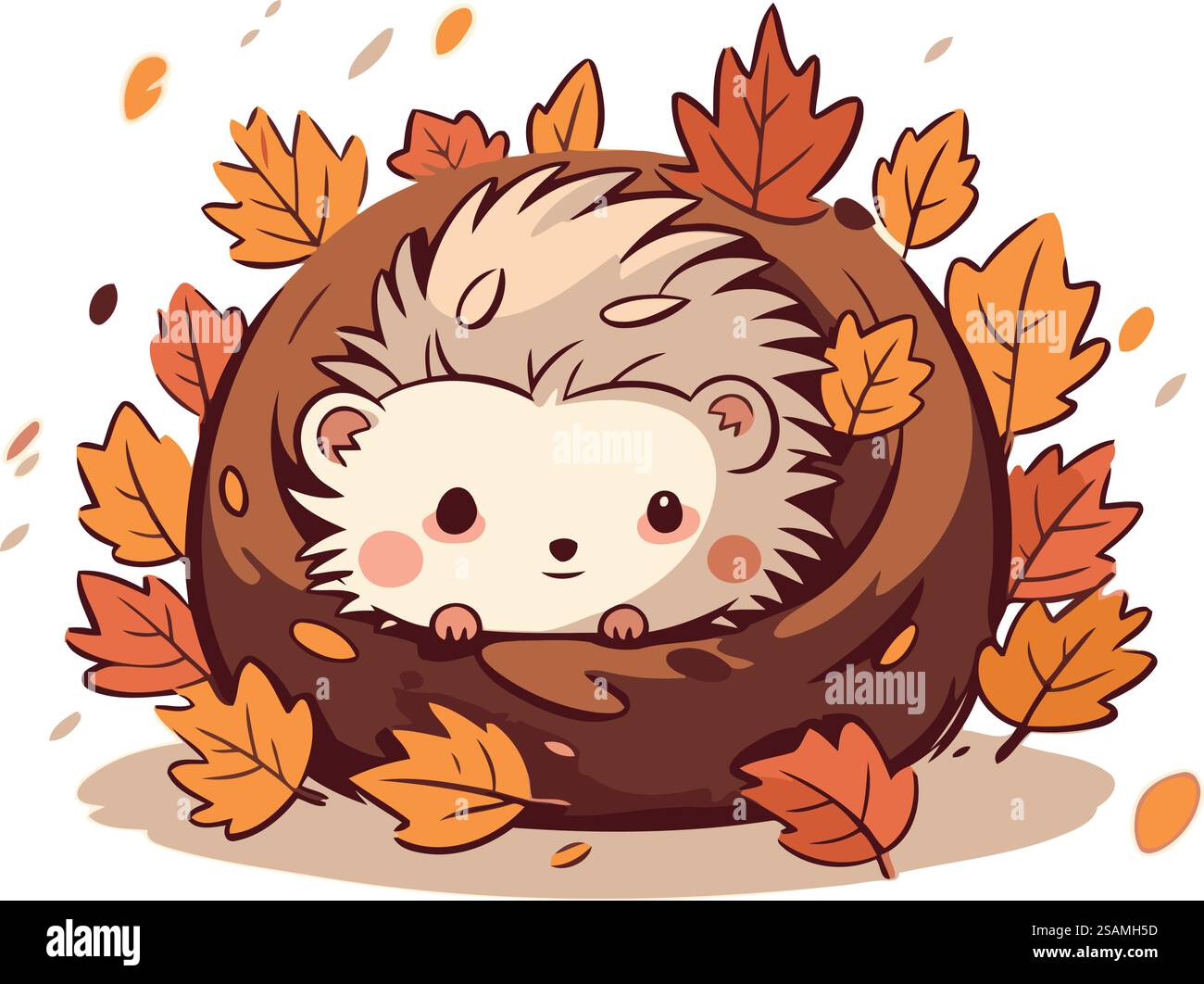 Cute hedgehog in a nest of autumn leaves. Vector illustration Stock ...