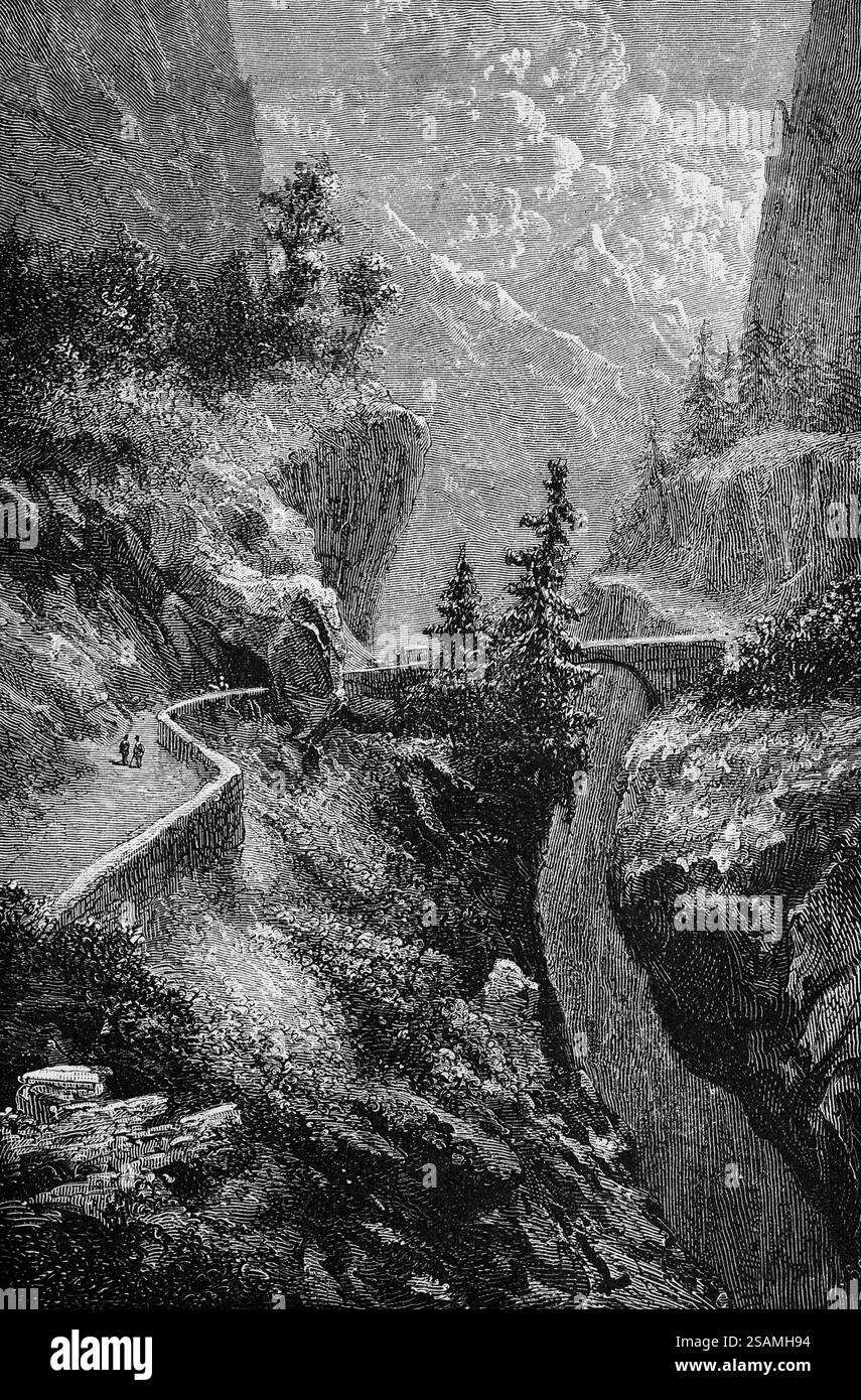 Historical and dangerous Viamala or Via Mala gorge on the Hinterrhein ...