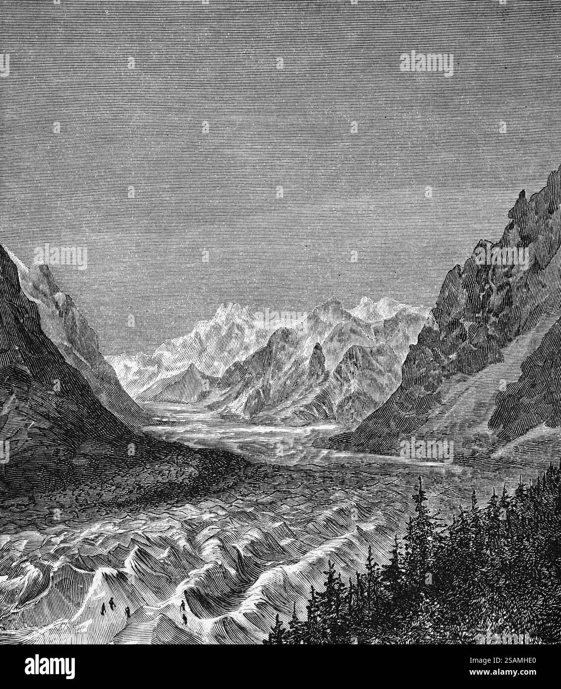 Mountain landscape with the glacier Mer de Glace, sea of ice, in the ...