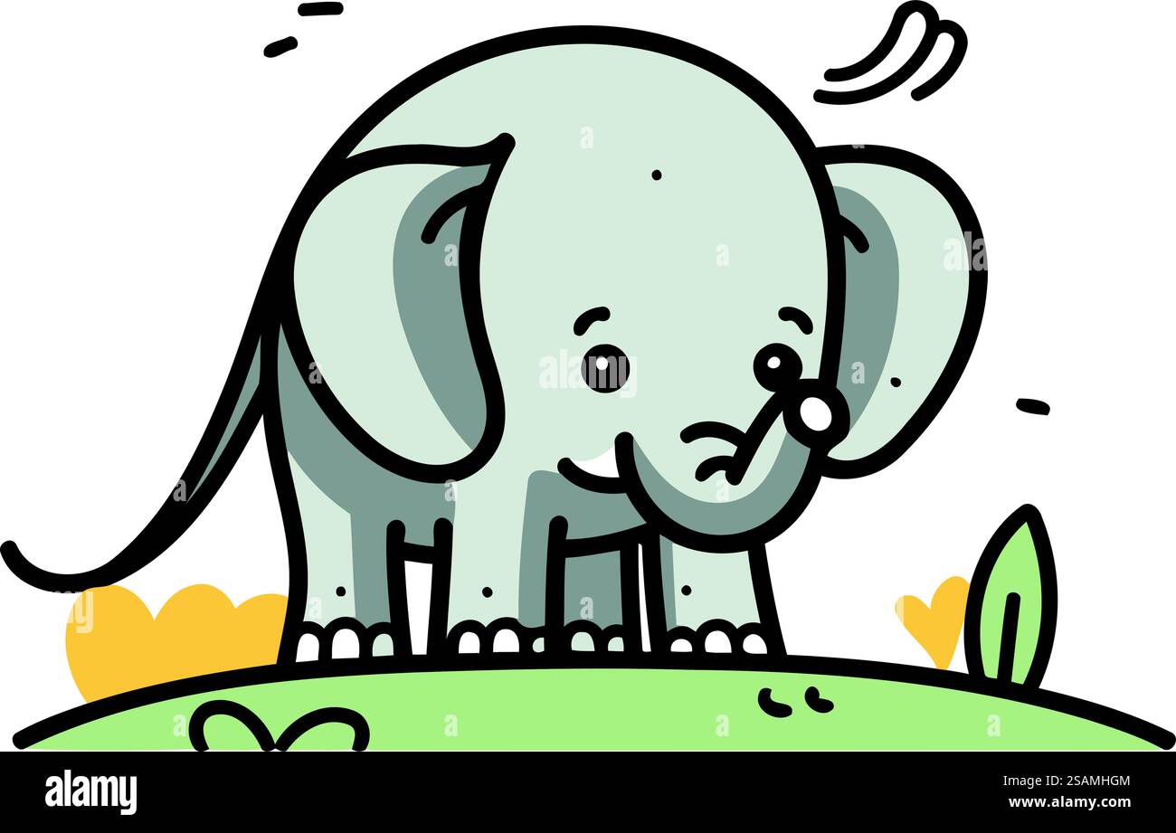 cute elephant animal in the field vector illustration color line and ...