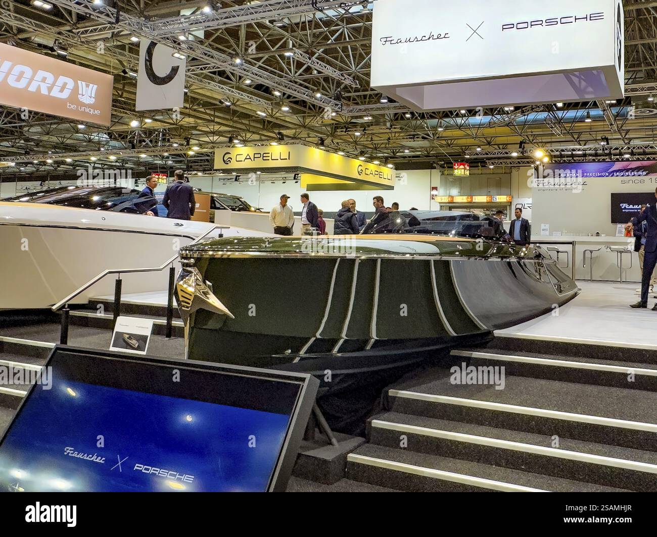 View of sports boat motorboat Frauscher x Porsche 850 Fantom type ...