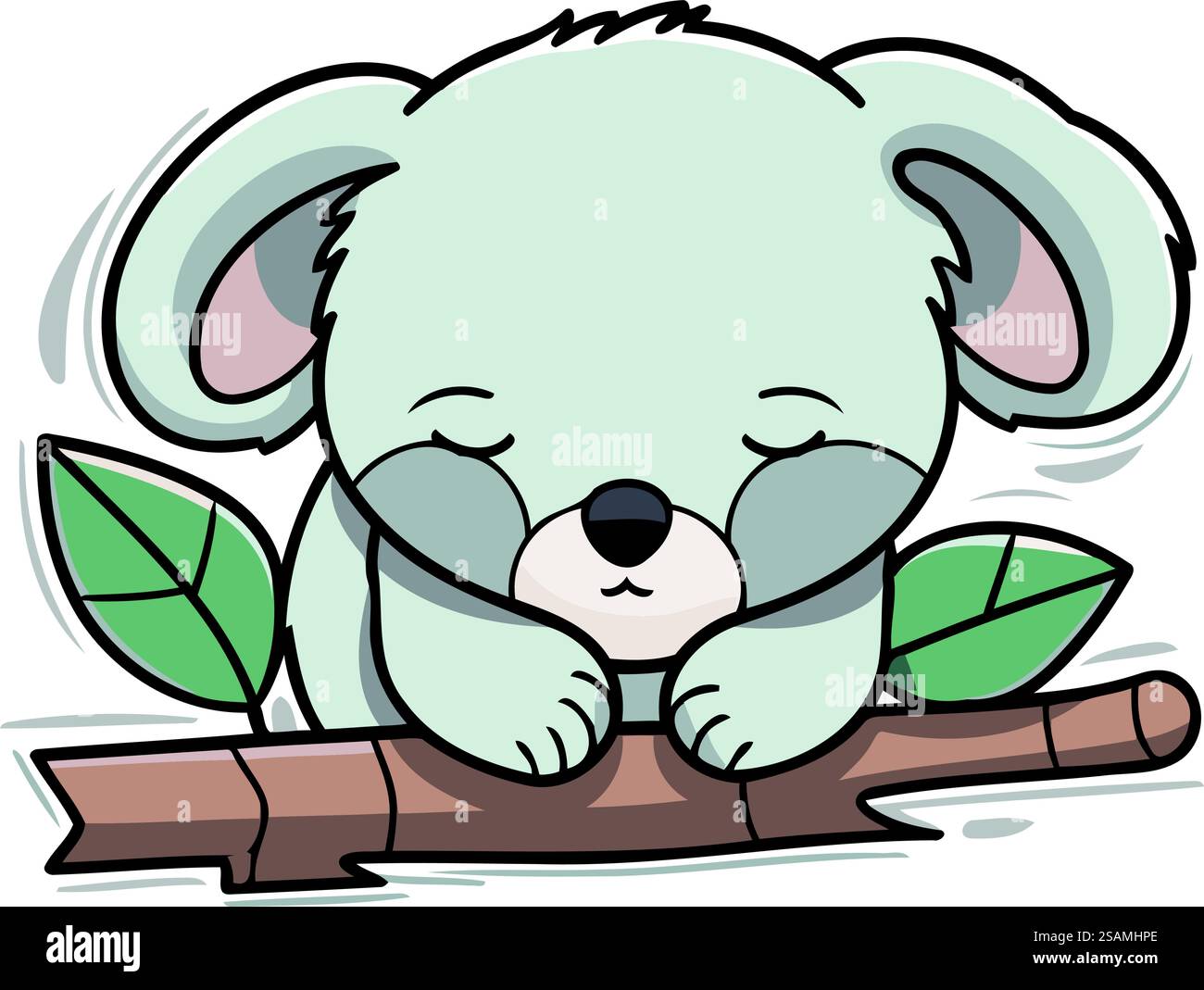 Cute koala sleeping on a branch with leaves. Vector illustration Stock ...