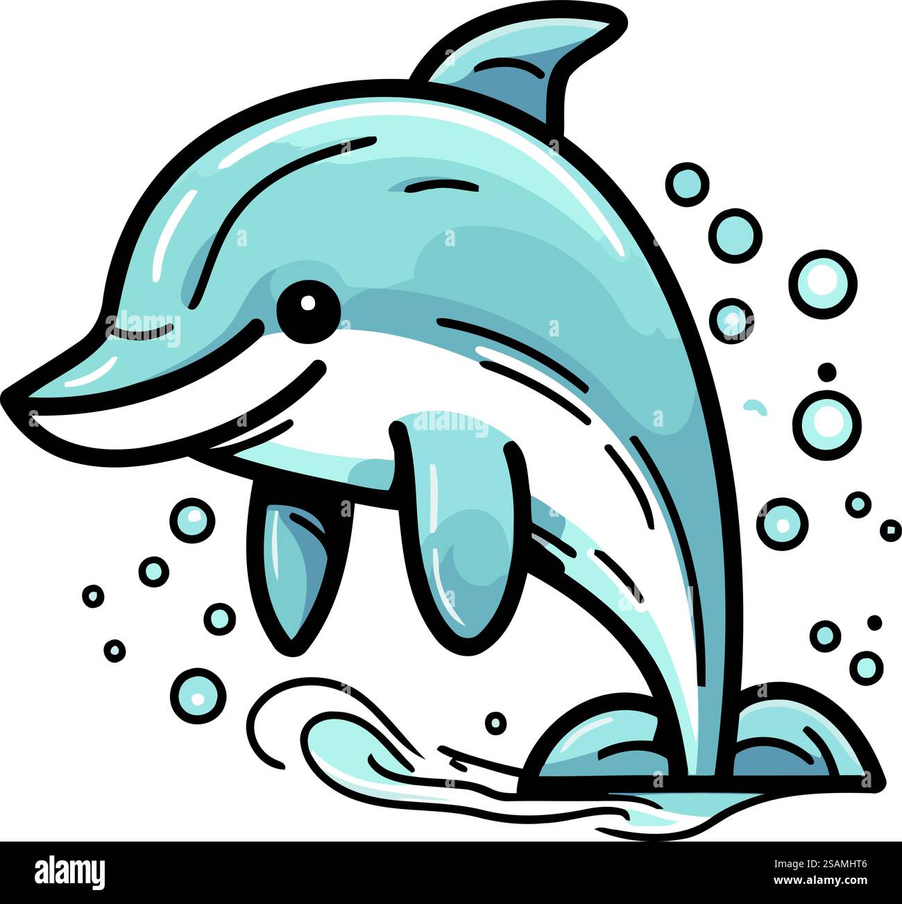 Cute cartoon dolphin jumping out of the water. Vector illustration ...