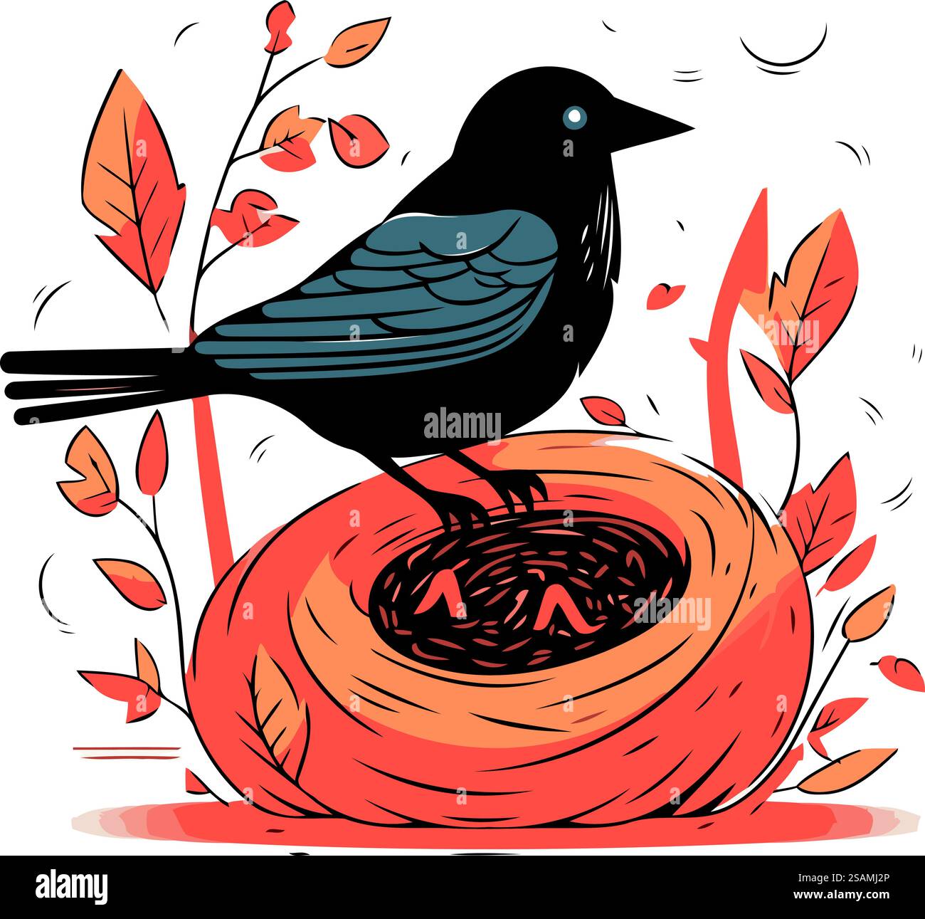 Hand drawn vector illustration of a black crow sitting on a nest Stock ...
