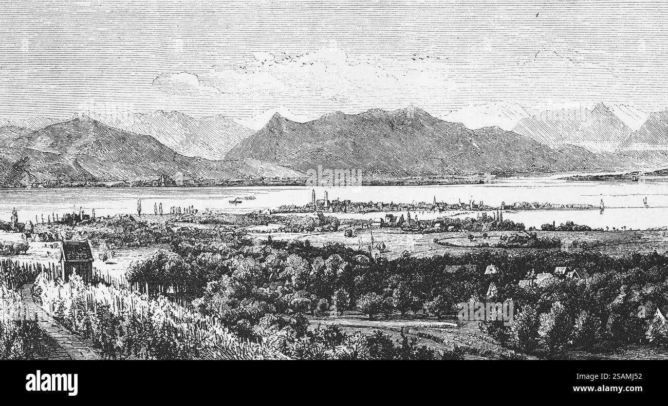 Pre-Alpine landscape with Lake Constance and Lindau, island location ...