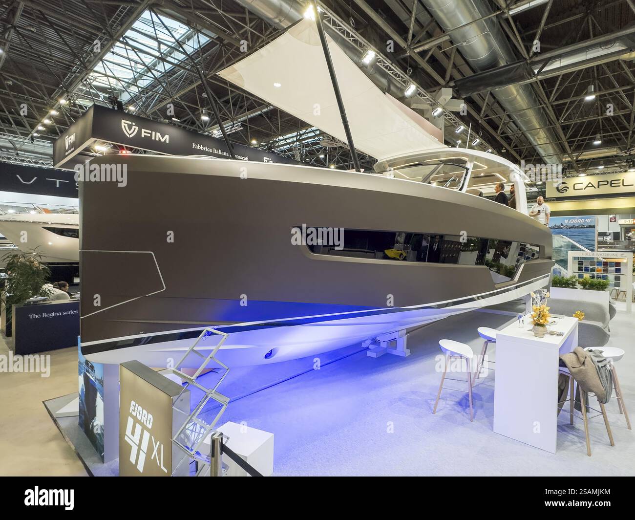 View of exhibition stand with luxury yacht superyacht ship boat Fjord ...