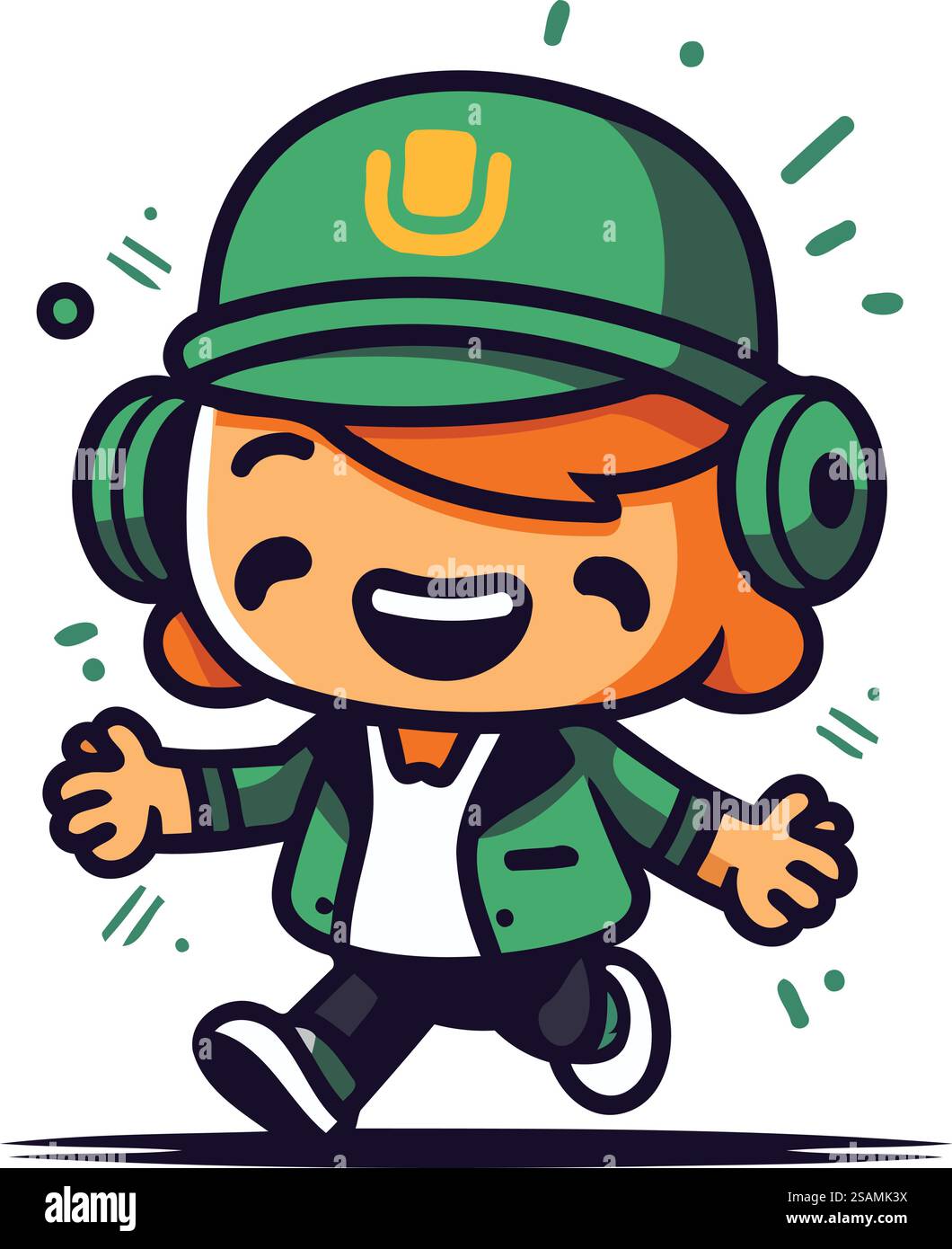 Cute Cartoon Boy Wearing Green Army Uniform Running Vector Illustration ...