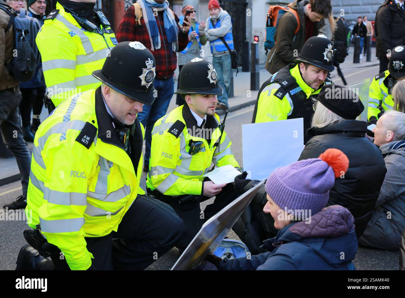 London, UK. 30 January 2025. Protesters are blocking roads outside the ...
