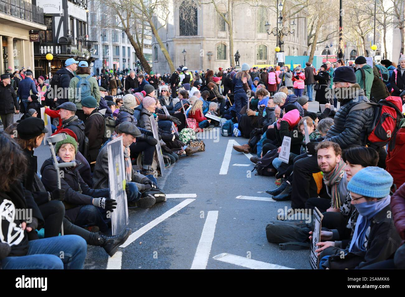 London, UK. 30 January 2025. Protesters are blocking roads outside the ...