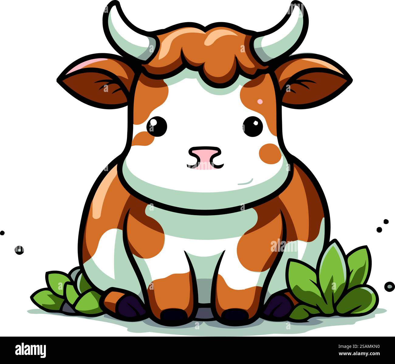 Cute cartoon cow sitting on grass. Vector illustration isolated on ...