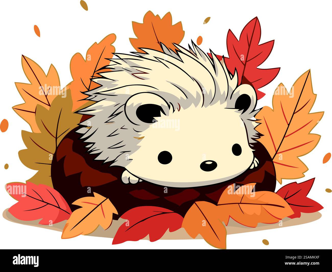 Cute hedgehog in a nest of autumn leaves. Vector illustration Stock ...