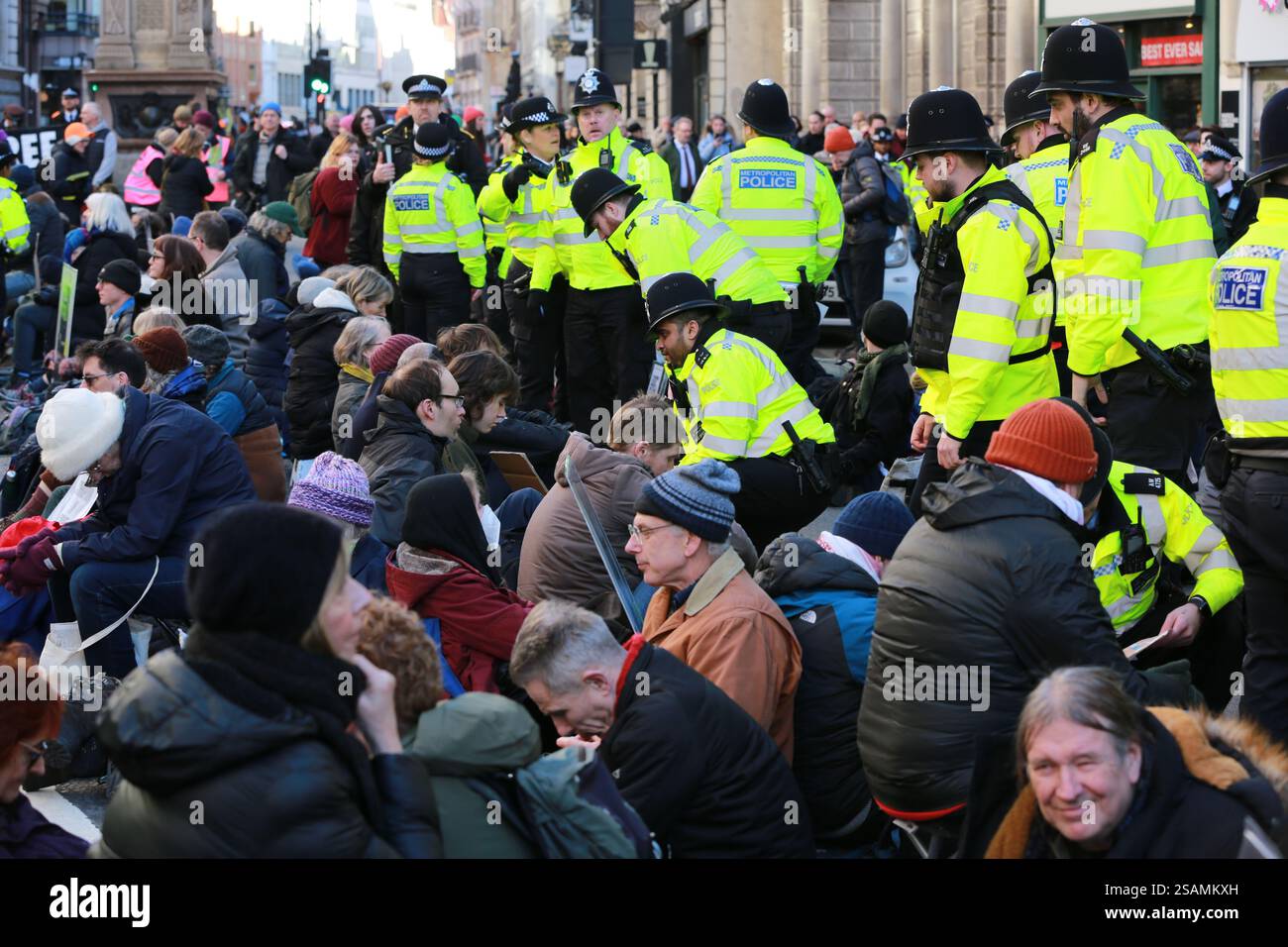 London, UK. 30 January 2025. Protesters are blocking roads outside the ...