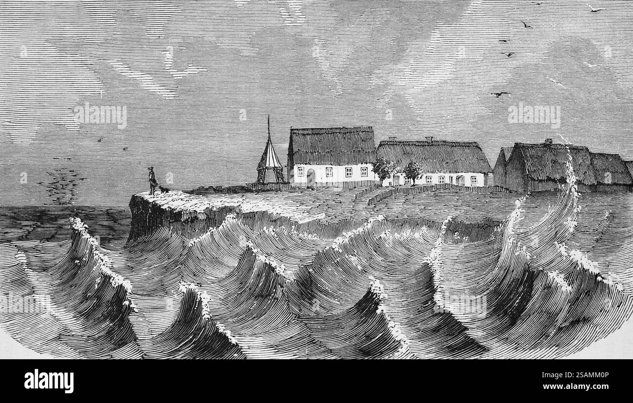 North Frisian Hallig during storm, high swell, thatched roof houses ...