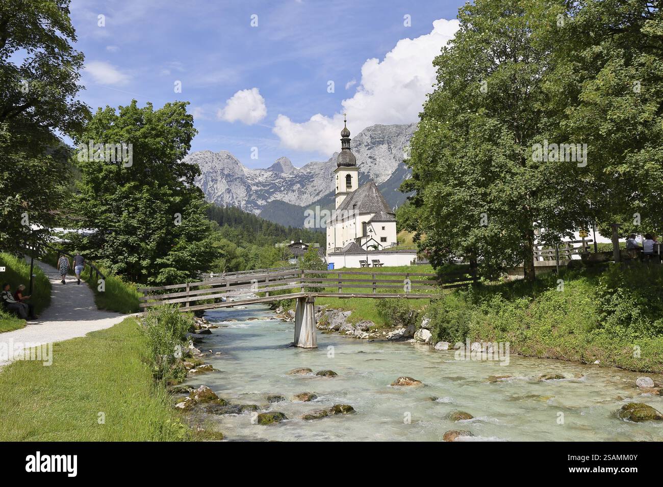 Parish church of St Sebastian with Ramsauer Ache, Reiteralpe in the ...