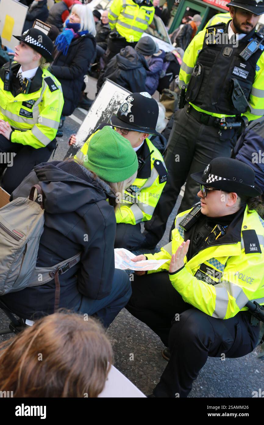 London, UK. 30 January 2025. Protesters are blocking roads outside the ...